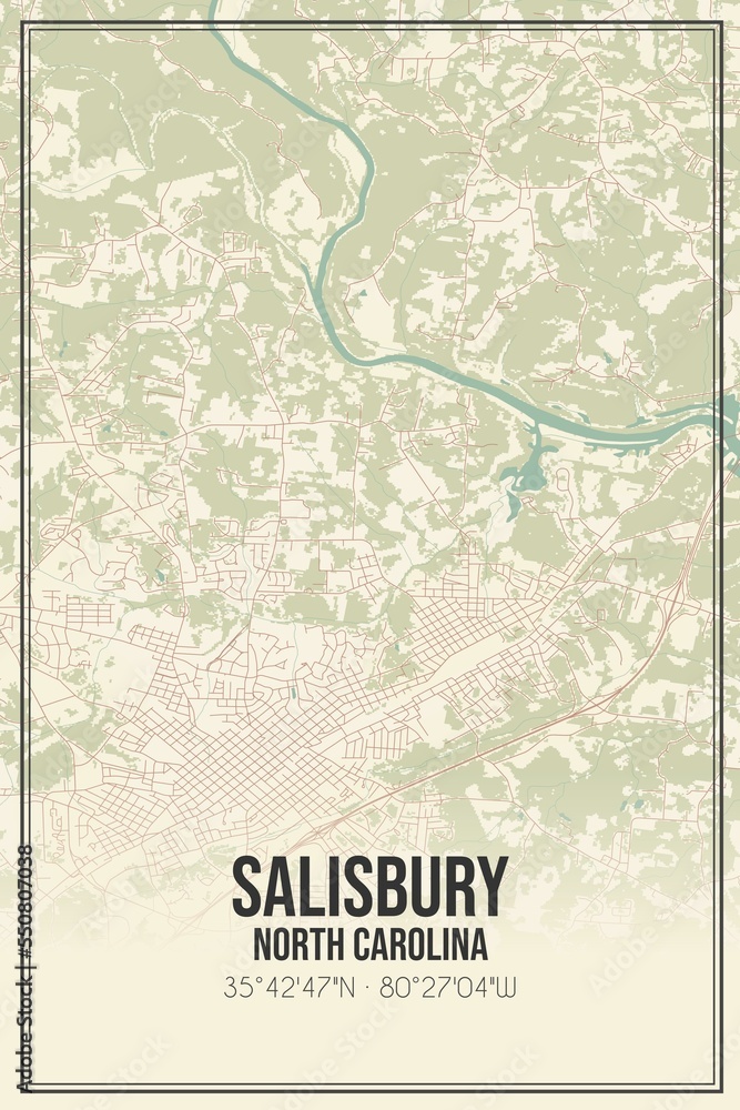 Retro US city map of Salisbury, North Carolina. Vintage street map ...