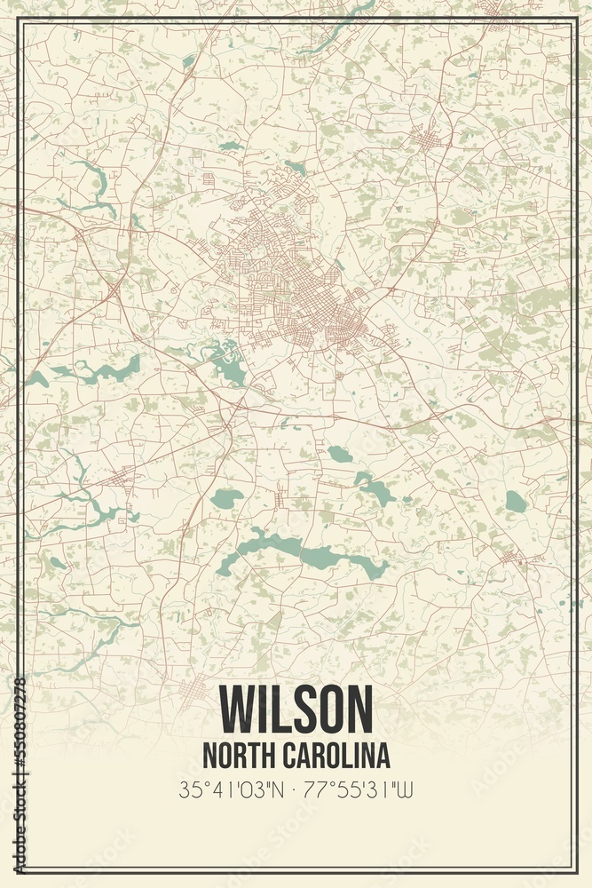 Poster Retro US city map of Wilson, North Carolina. Vintage street map ...