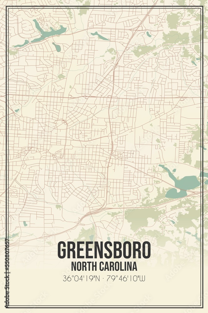 Retro US city map of Greensboro, North Carolina. Vintage street map ...