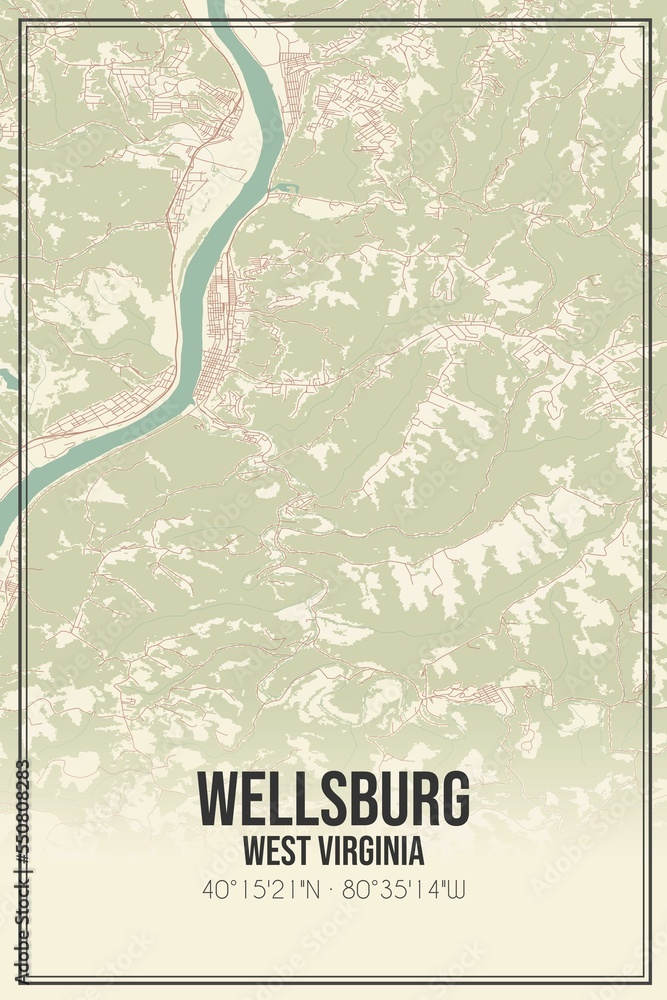 Retro US city map of Wellsburg, West Virginia. Vintage street map ...