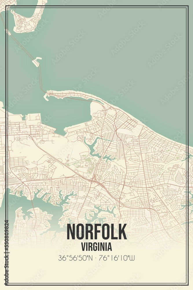 Retro US city map of Norfolk, Virginia. Vintage street map. Stock ...