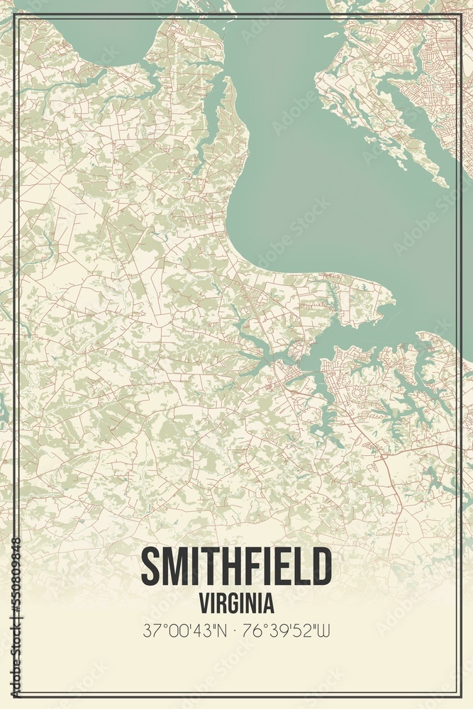 Retro US city map of Smithfield, Virginia. Vintage street map. Stock ...