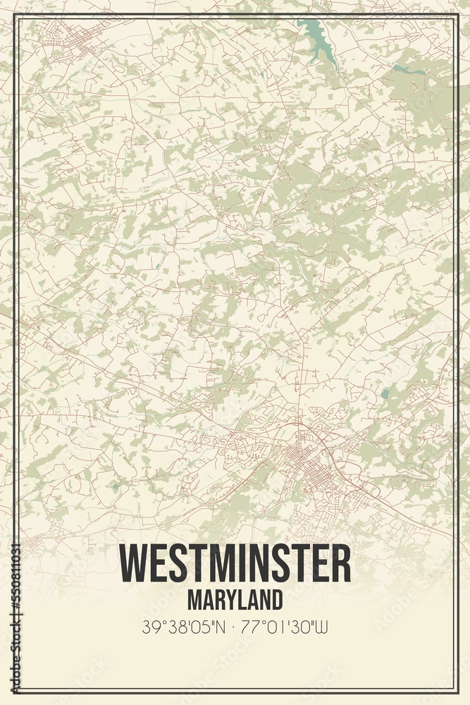 Retro US city map of Westminster, Maryland. Vintage street map. Stock ...