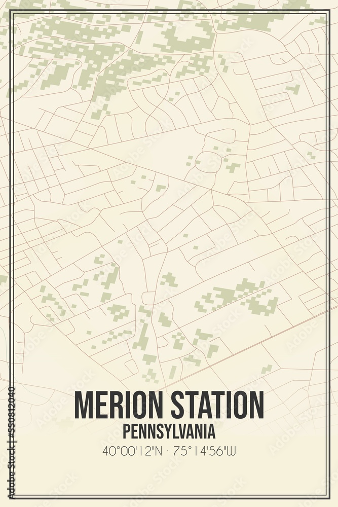Retro US city map of Merion Station, Pennsylvania. Vintage street map ...