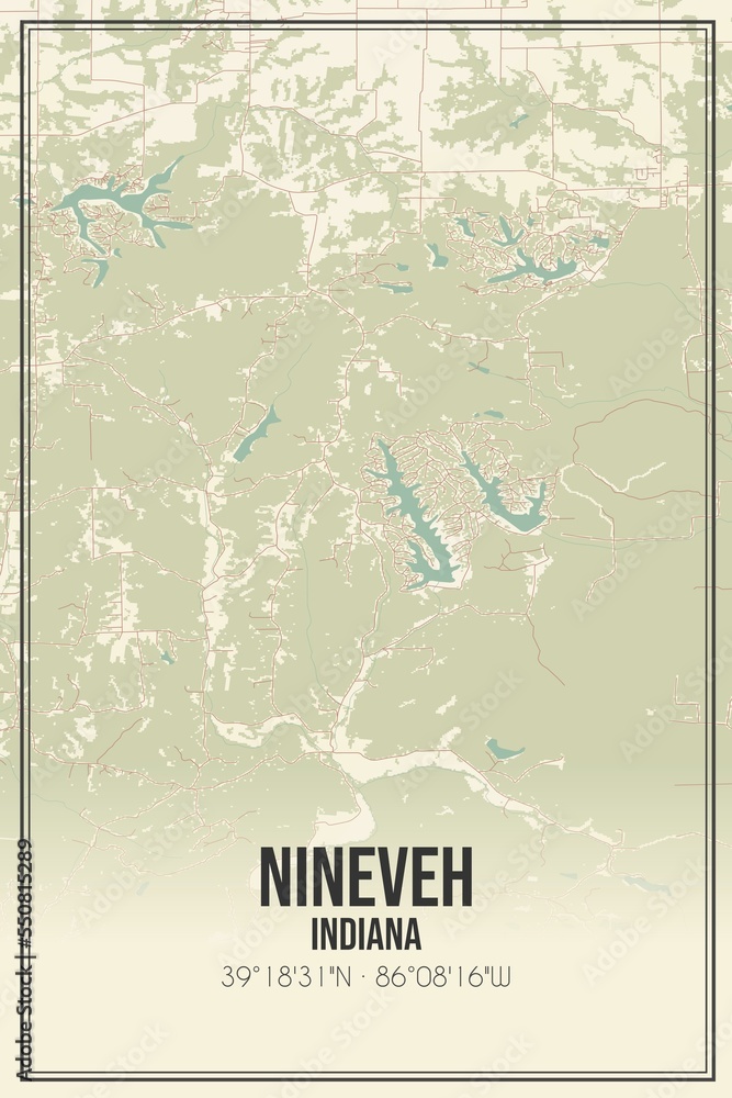 Retro US city map of Nineveh, Indiana. Vintage street map. Stock ...