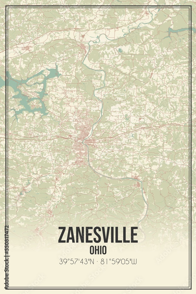 Retro US city map of Zanesville, Ohio. Vintage street map. Stock イラスト ...