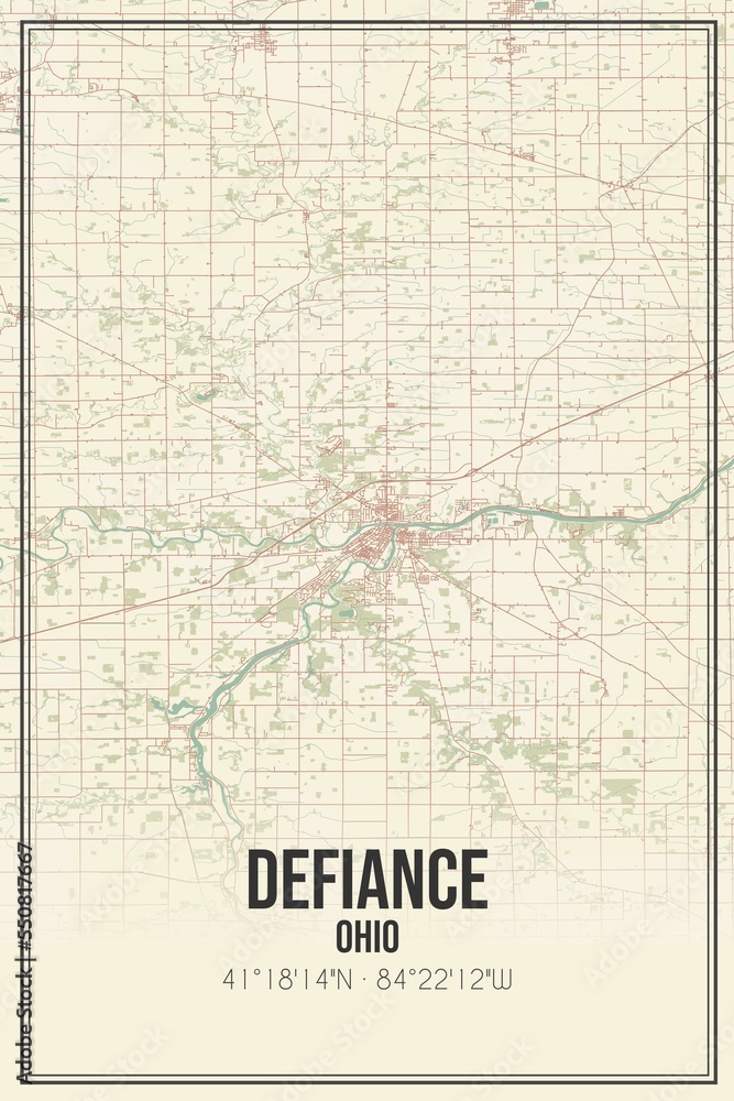 Poster Retro US city map of Defiance, Ohio. Vintage street map. – Wall ...