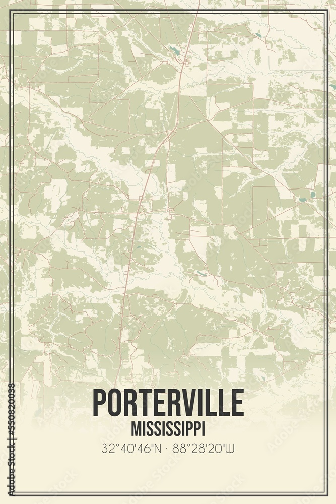 Retro US city map of Porterville, Mississippi. Vintage street map ...