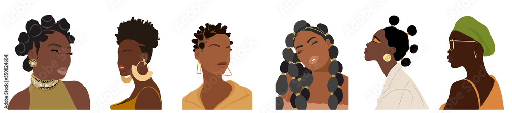 Set of Abstract woman portraits. Black Girl faces with stylish afro ...