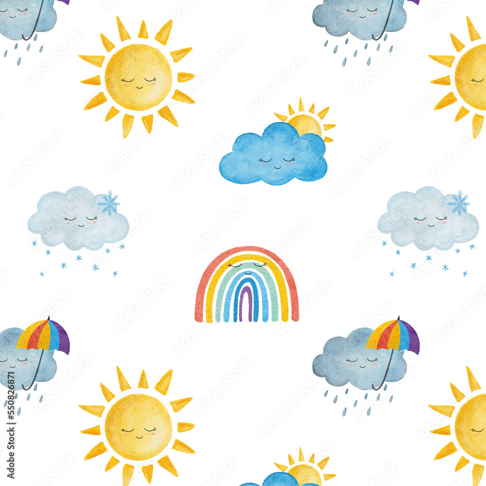 Cute smiling weather pattern for kids textile, sun, rain, cloud ...