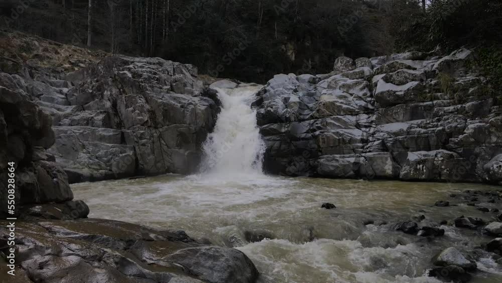 A waterfall pouring out of rocks eroded by streams. The lakes, called ...