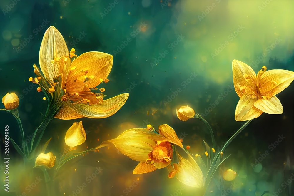 Golden Bluebells Flowers in Fantasy magical Emerald color garden in ...