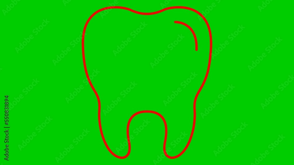 The animated tooth symbol is drawn gradually. Linear red icon of ...