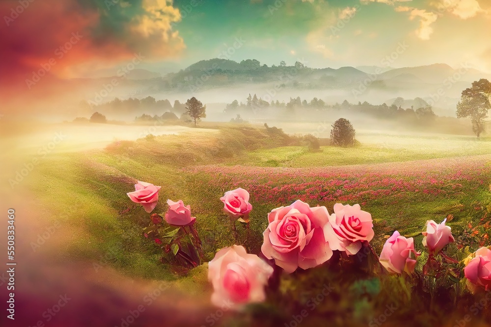 Fantasy summer panoramic photo background with rose field, trees and ...