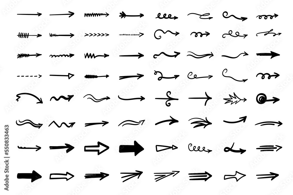 Arrows set. Hand drawn direction indicator elements. Simple doodle ...