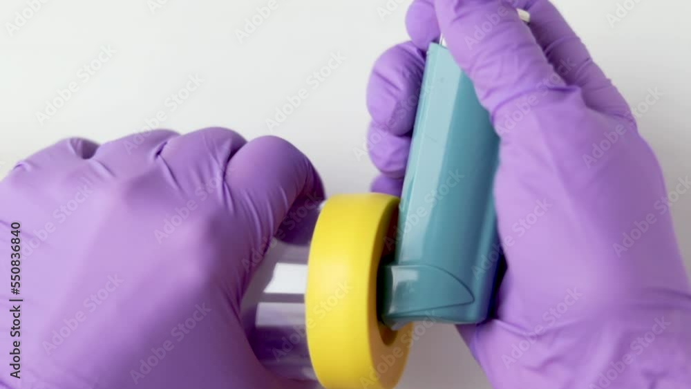 doctor medical assistant hands in purple surgical gloves putting on ...