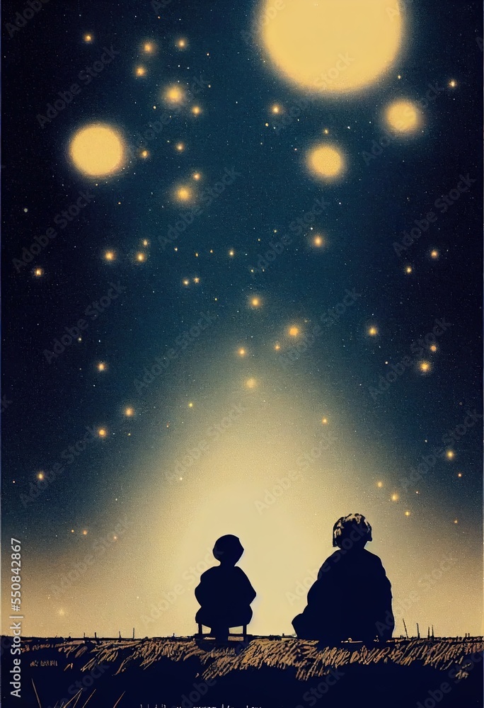 Children Watching Sky with Stars, Galaxy, Planets, Waiting for Aliens ...