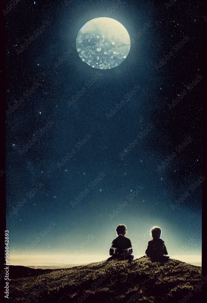 Children Watching Sky with Stars, Galaxy, Planets, Waiting for Aliens ...