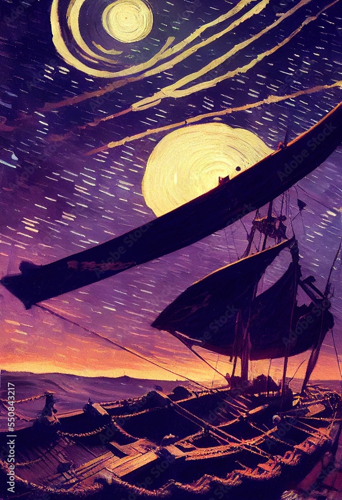 Beautiful Pirate Ship at Night under Starry Sky and Moon - Digital Art ...