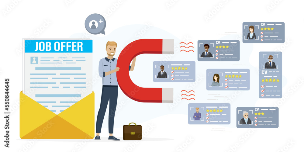 HR agent uses magnet and attract resume of job seekers. Interview ...