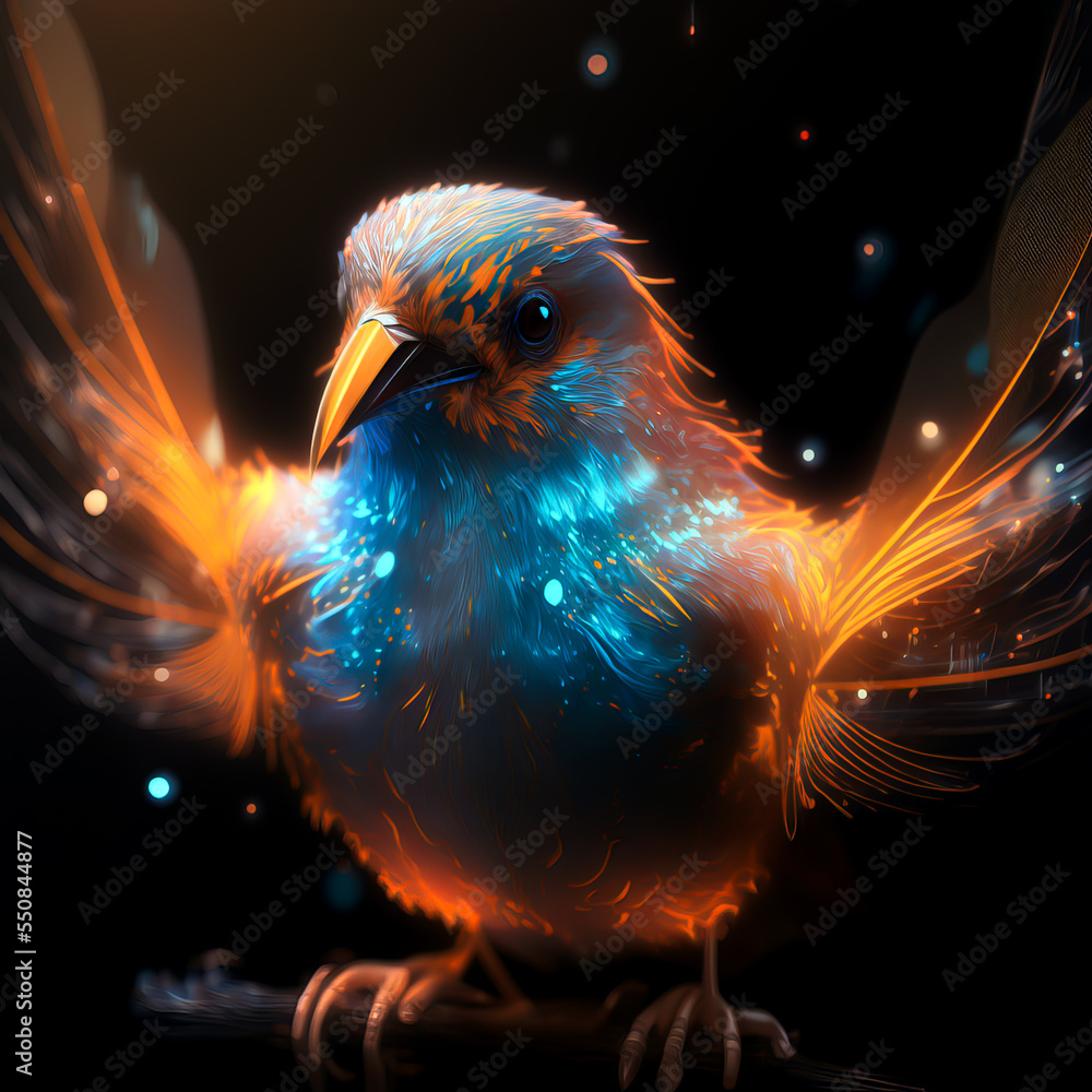 Magic colorful bird with glowing feathers on black background ...