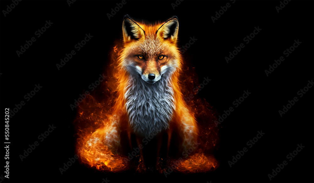 Magic fox in flames on black background. Fire kitsune on black ...