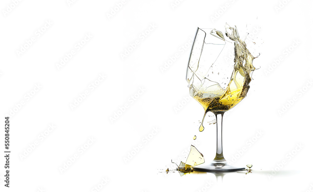 Broken wineglass on white background. Shattered wine glass with white ...