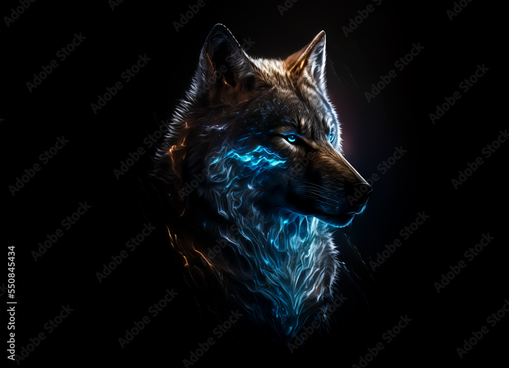 Magic frost wolf with blue eyes in the dark on black background. Fairy ...