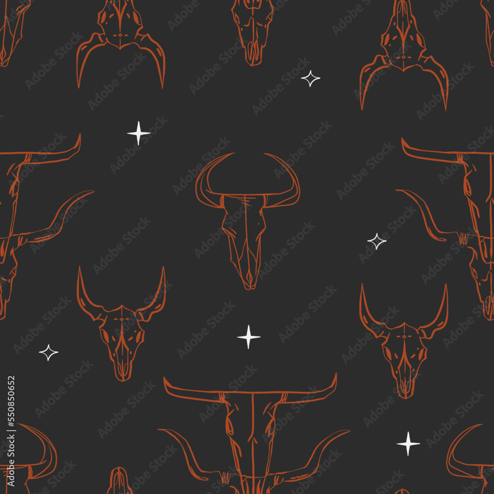 Hand drawn abstract vector graphic clipart illustration wild west bull ...