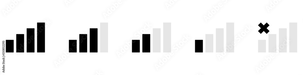 Mobile signal icon. Set of signal strength indicator. Black signal bars ...