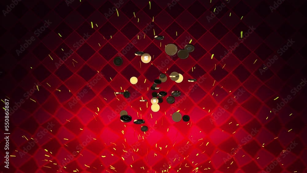 3D Explosive animation flying golden coins with dollar sign sparkles on ...