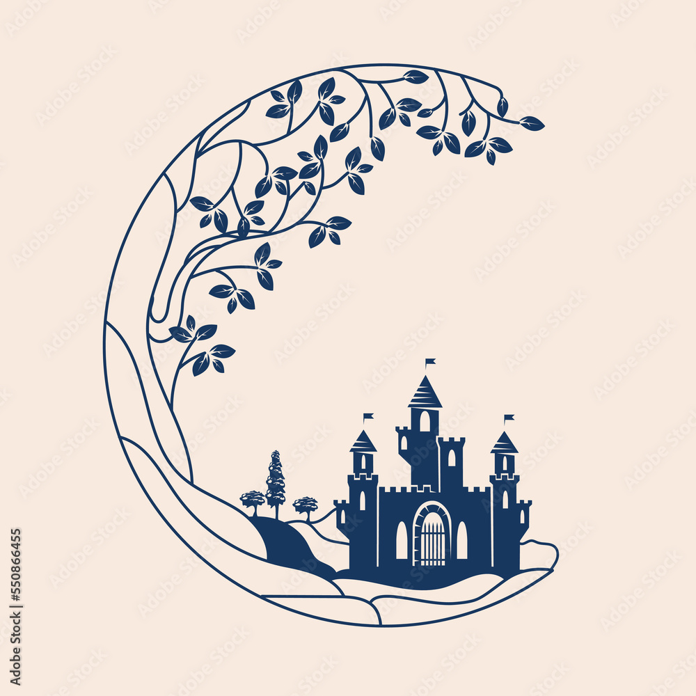 Vector emblem with a medieval castle and floral weaving of lines and ...