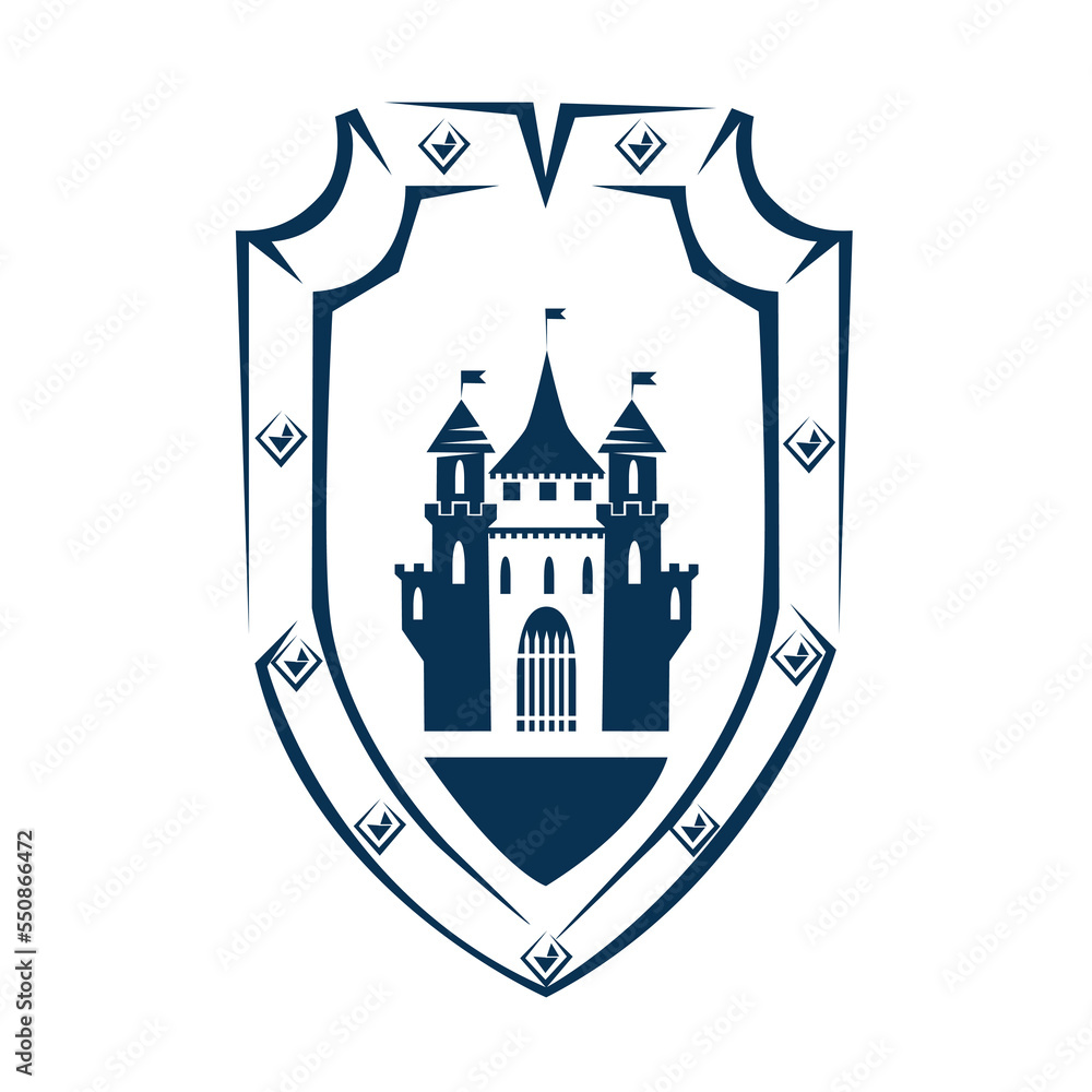 Emblem with medieval shield and castle. Vector illustration of medieval ...