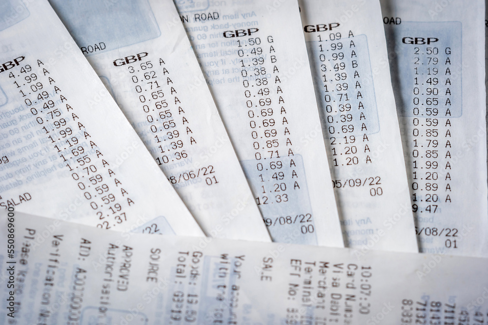 British shopping receipt stacks background in england uk Stock Photo ...