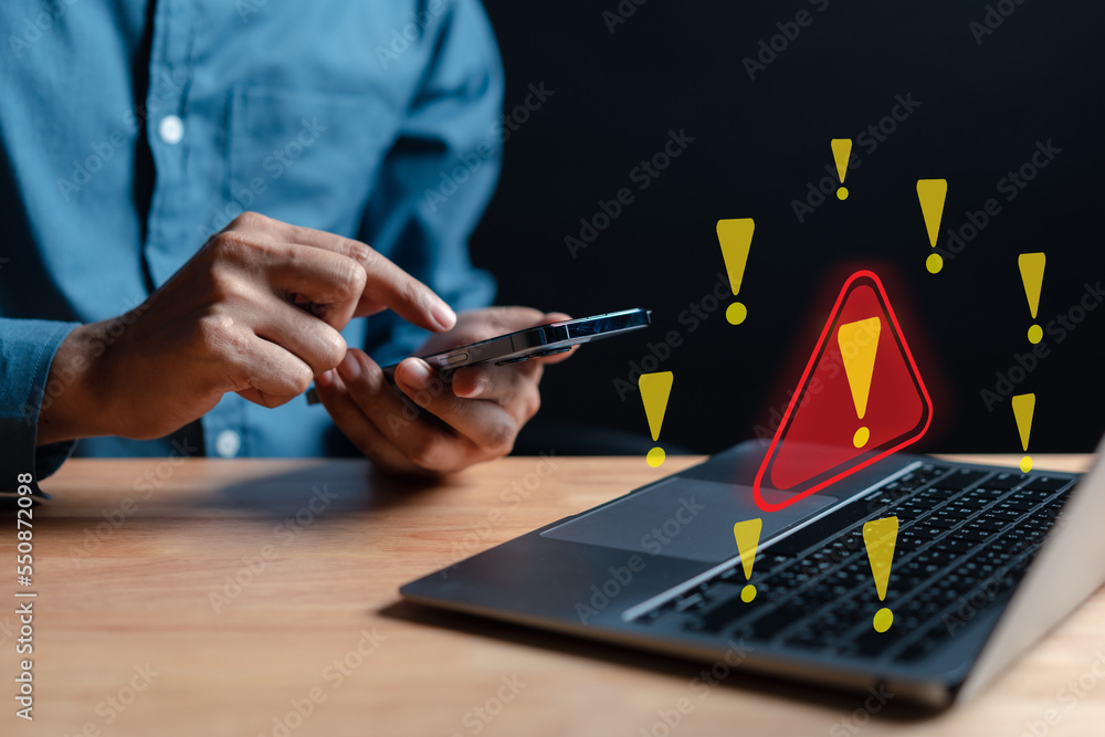 System warning hacked alert, cyber attack on computer network ...