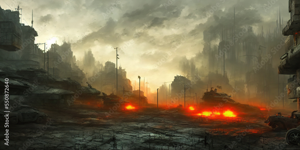 Post apocalyptic World in a dystopian environment. Surreal background ...