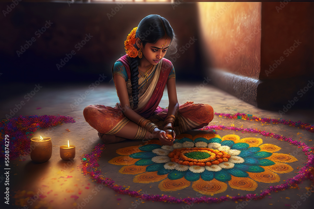 AI generated image of a young Indian girl arranging a flower rangoli on ...