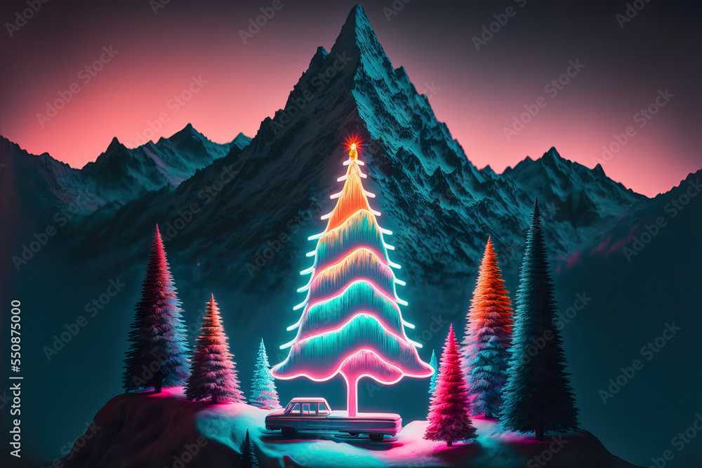 New Year's Eve under the purple sky, a huge Christmas cyberpunk tree ...