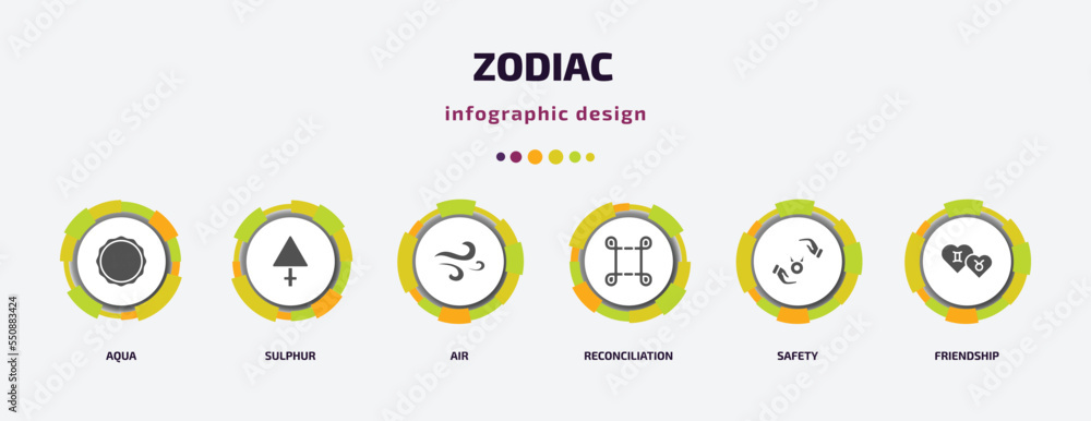 zodiac infographic element with filled icons and 6 step or option ...