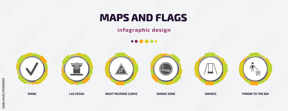 maps and flags infographic element with filled icons and 6 step or ...