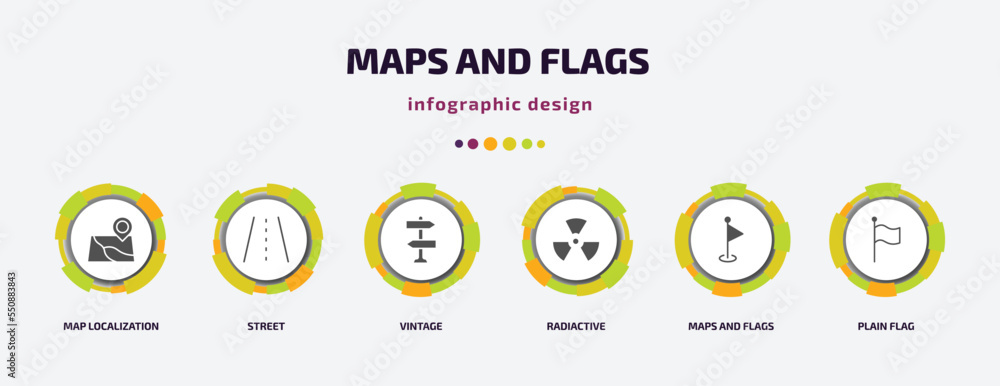 maps and flags infographic element with filled icons and 6 step or ...