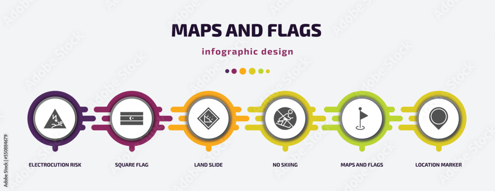 maps and flags infographic element with filled icons and 6 step or ...