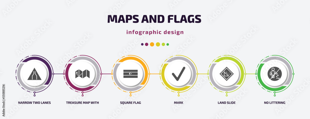 maps and flags infographic element with filled icons and 6 step or ...