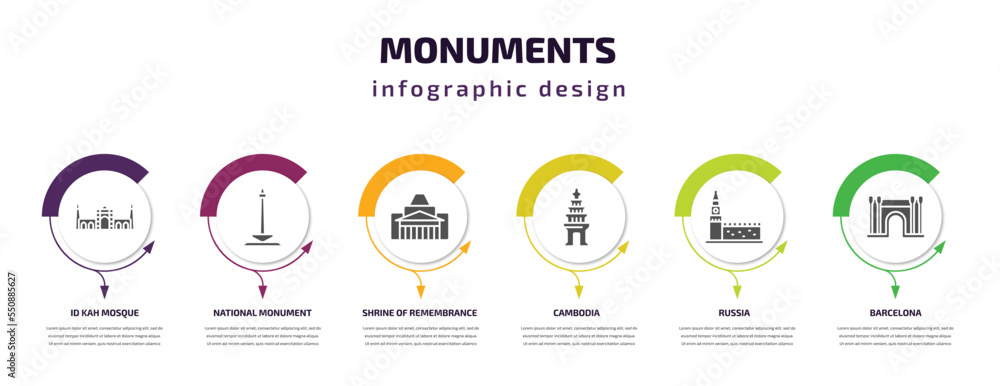 monuments infographic element with filled icons and 6 step or option ...