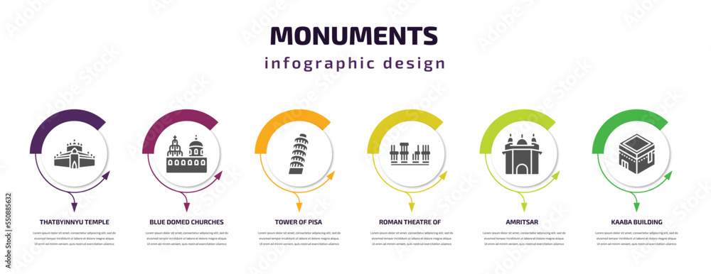monuments infographic element with filled icons and 6 step or option ...