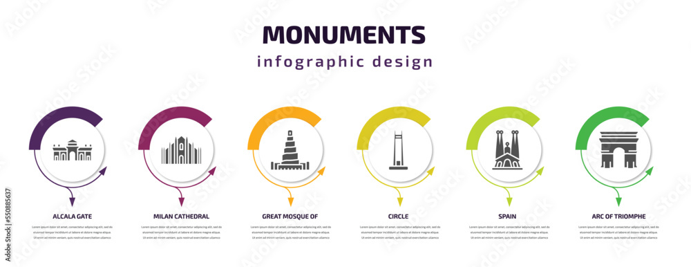 monuments infographic element with filled icons and 6 step or option ...