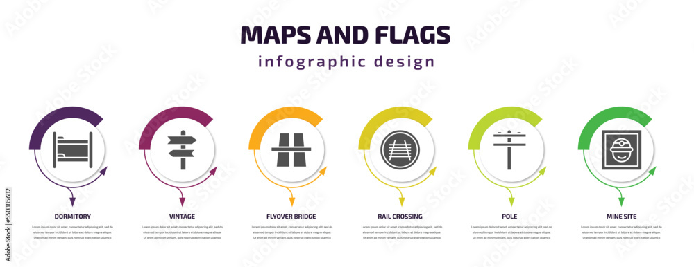 maps and flags infographic element with filled icons and 6 step or ...