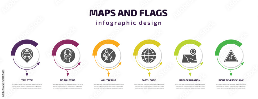 maps and flags infographic element with filled icons and 6 step or ...