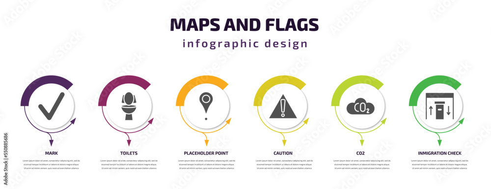 maps and flags infographic element with filled icons and 6 step or ...
