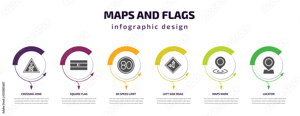 maps and flags infographic element with filled icons and 6 step or ...